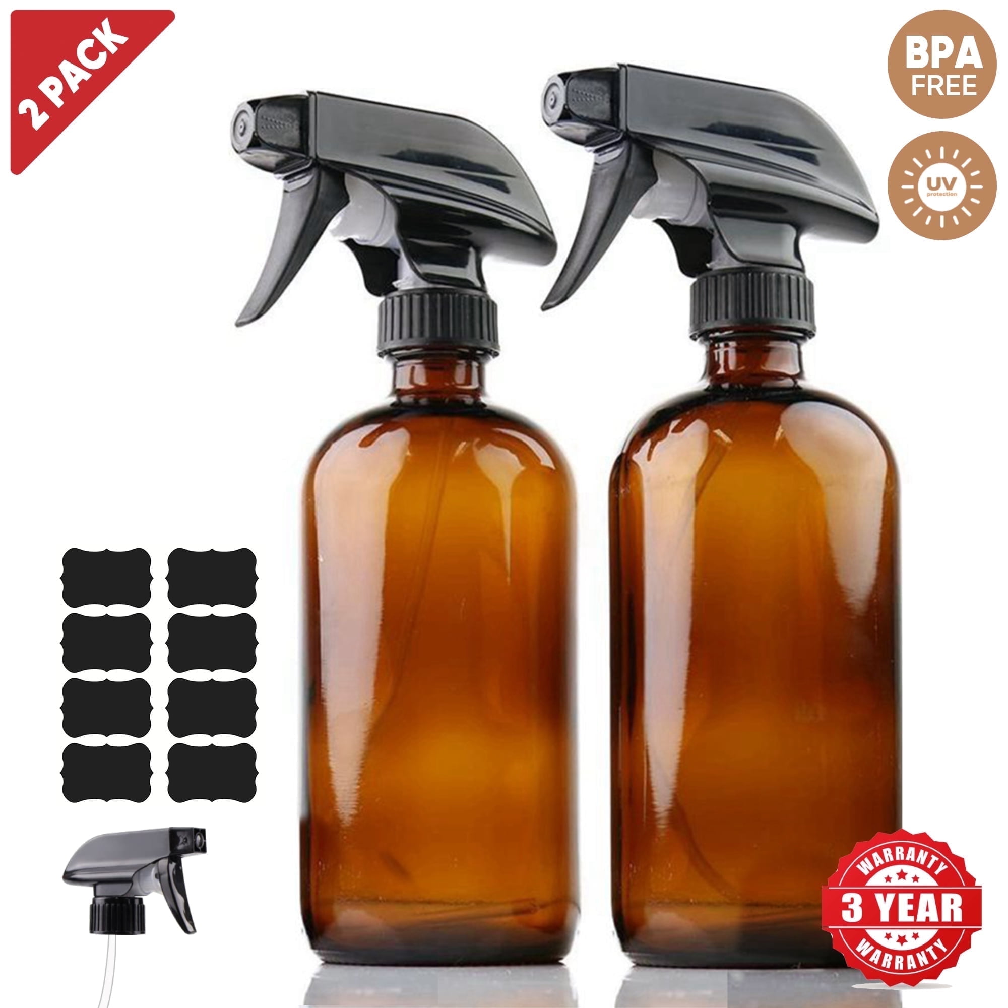 PortableOut Amber Glass Spray Bottles 16 oz Refillable with Mist Stream ...