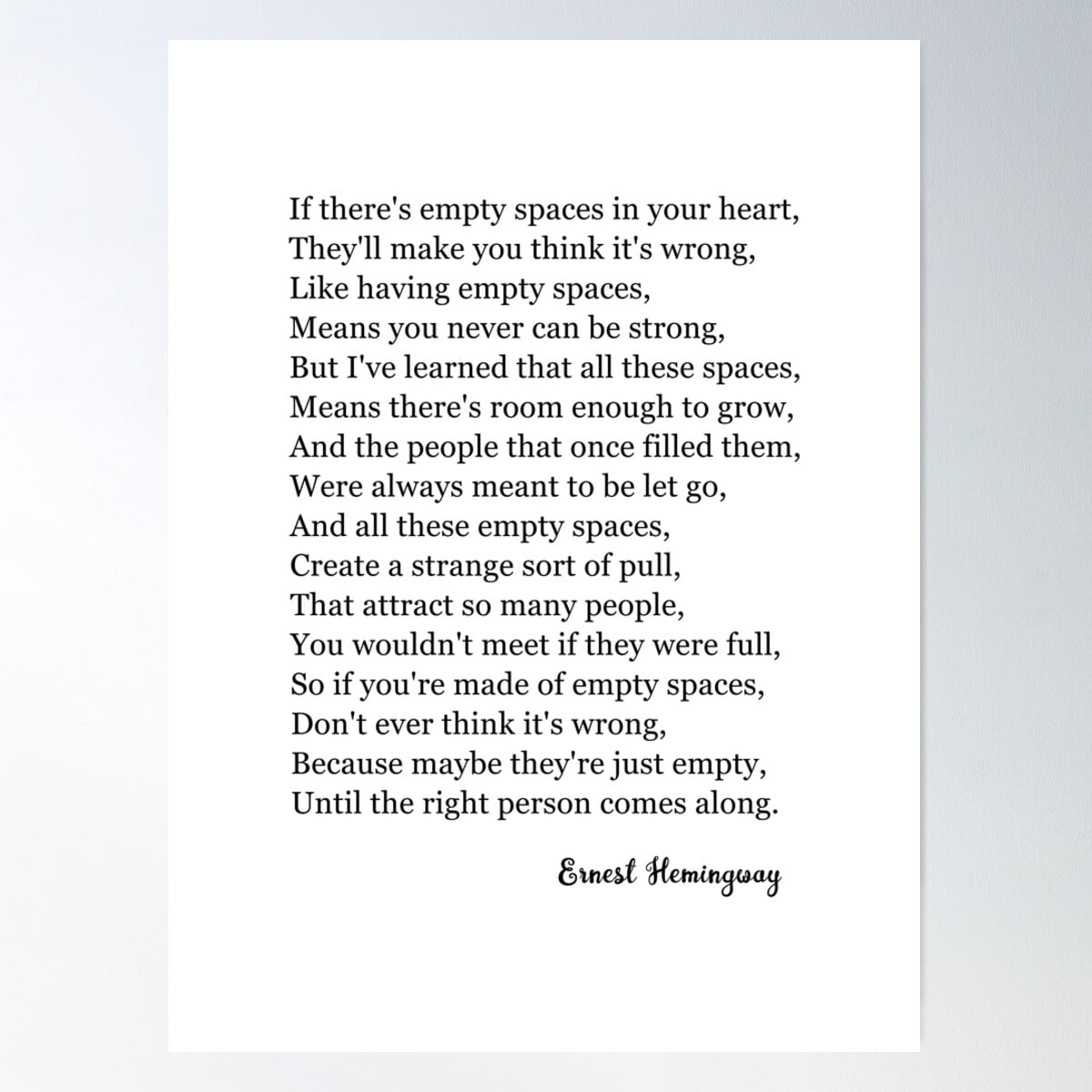 Empty Spaces Poem Ernest Hemingway Poster Wall Art, Modern Wall Decor ...