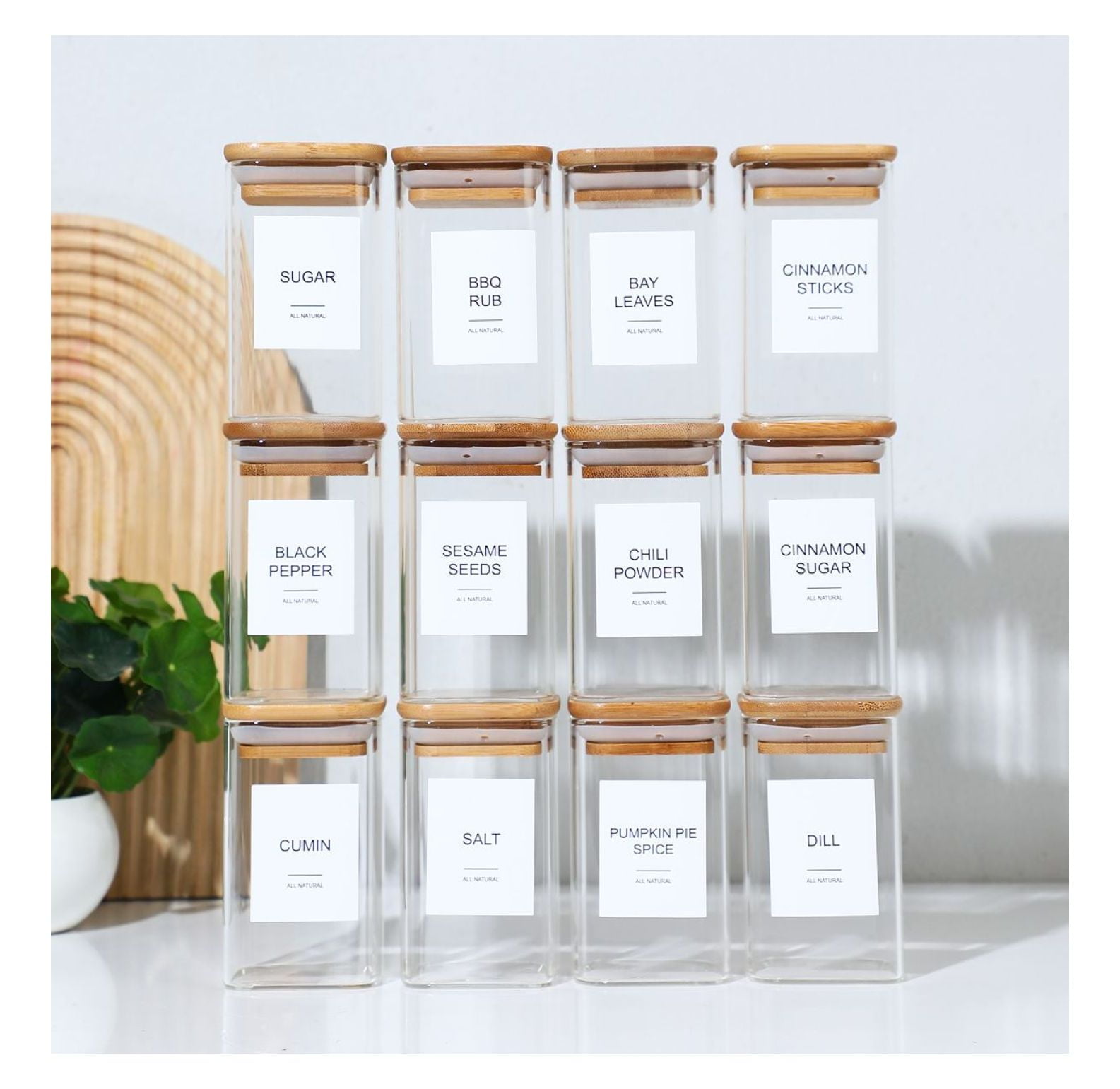 Empty Spice Jars with Label Pack (12x Bamboo Lid Glass Jar). Small 8oz ...
