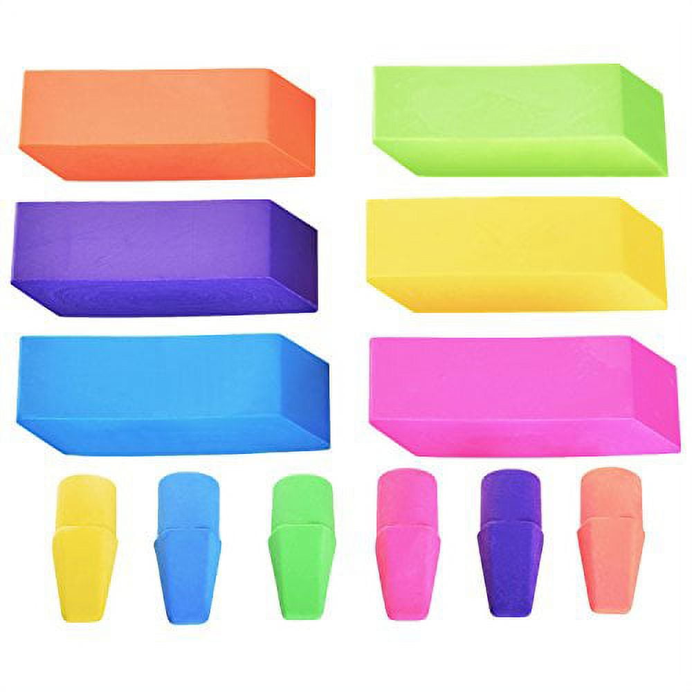Emraw 6 Assorted Neon Color Pencil Bevel Eraser Rubber & Cap Top Set Ã ...