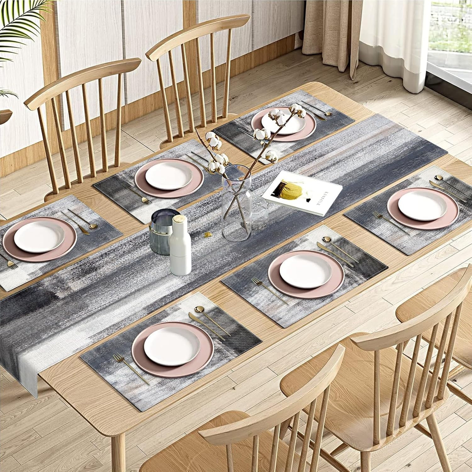 Emvency Grey Table Runner and Placemats Set of 6, Abstract Dark Gray ...