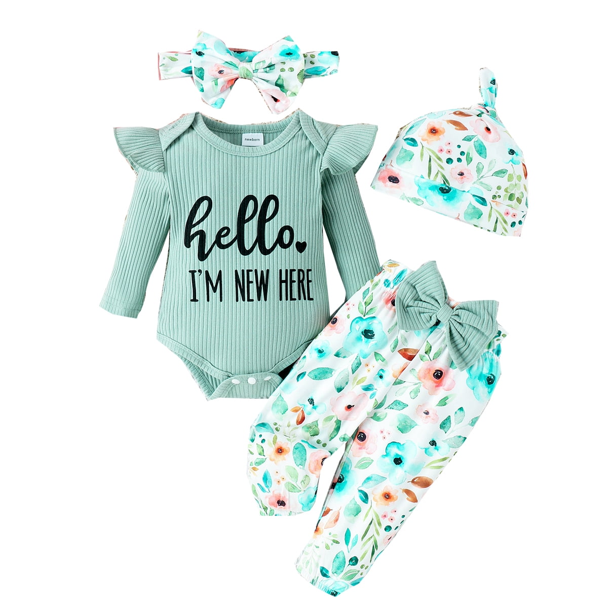 Emy Dola Baby Girl 4Pcs Clothes Set Newborn Infant Ruffle Ribbed Romper ...