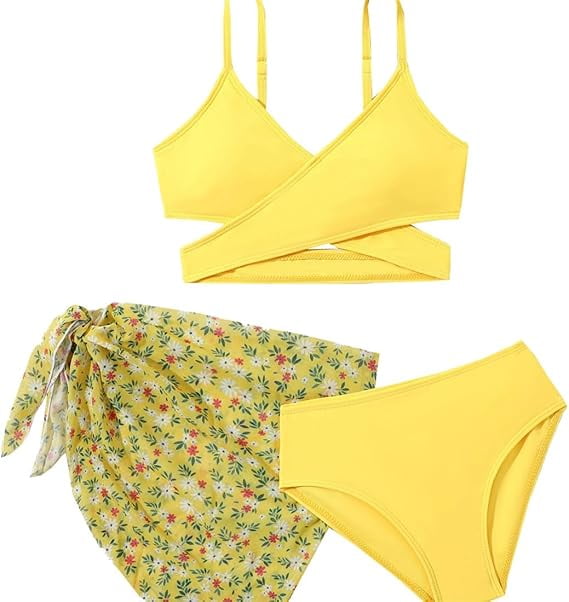 Emy Dola Girls Criss Cross Bikini Swimsuits 3-Piece Tropical Bathing ...