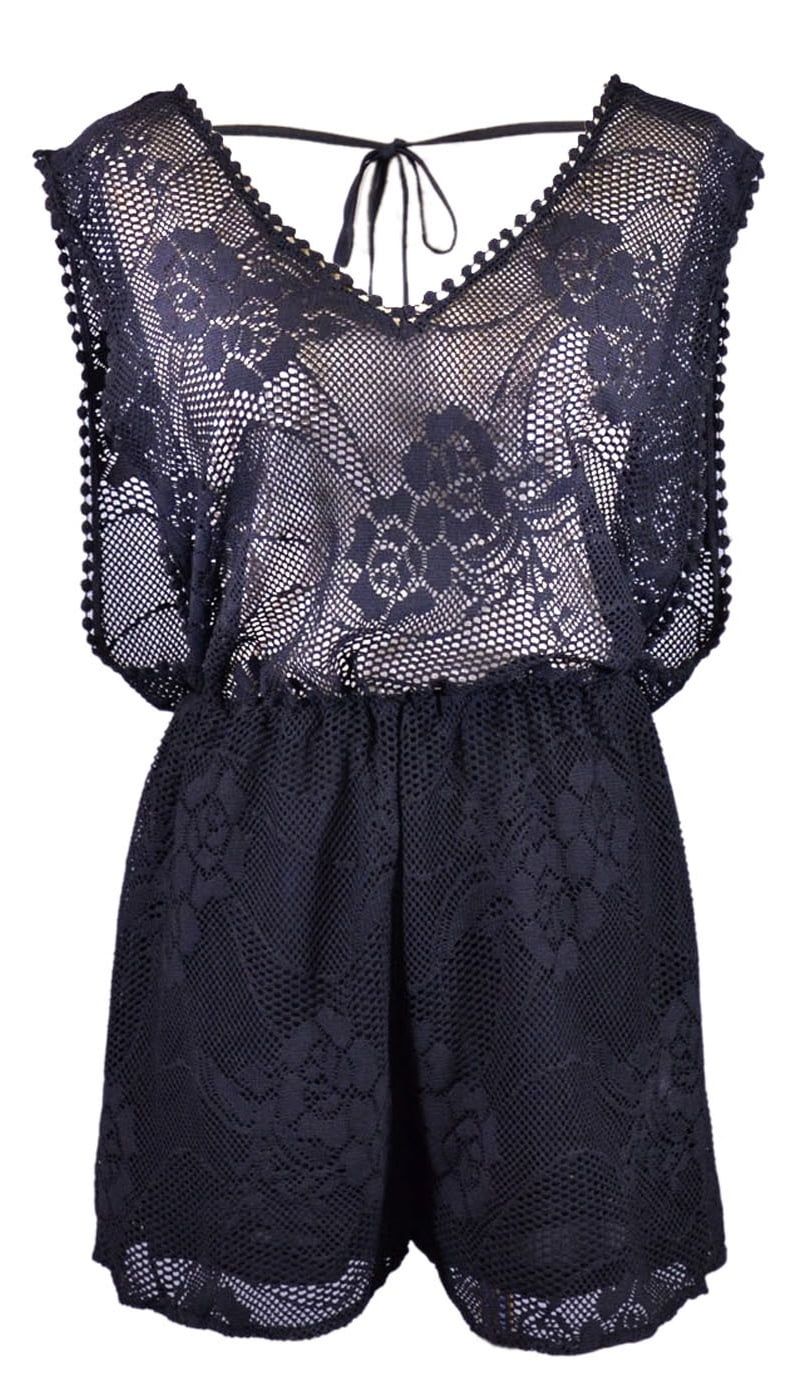 En Creme Electric Summer Fun Beachy Open Side Slit Floral Lace Romper ...