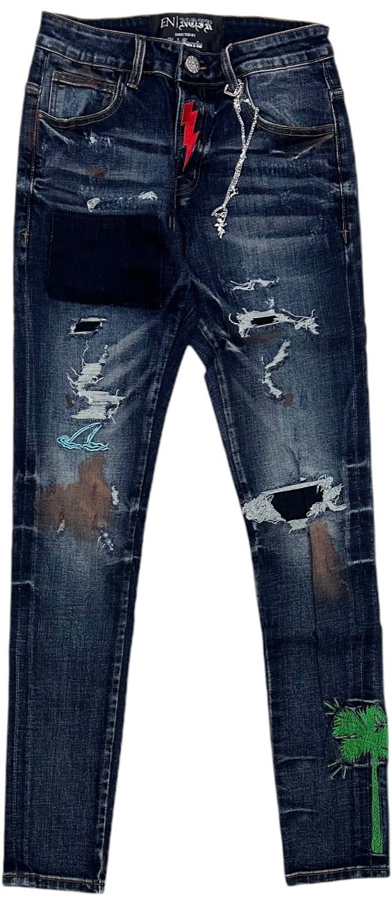 En Noir Men's Embroidered Detail Rip & Repair Distressed Skinny Fit ...