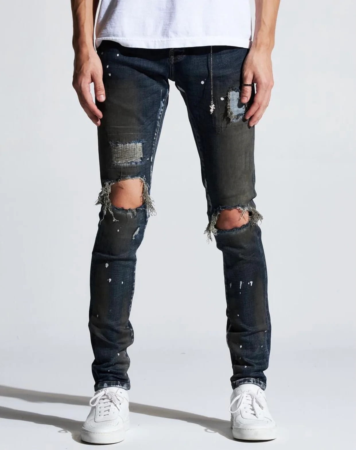 En Noir Men's Paint Splatter Rip & Repair Distressed Skinny Fit Denim ...
