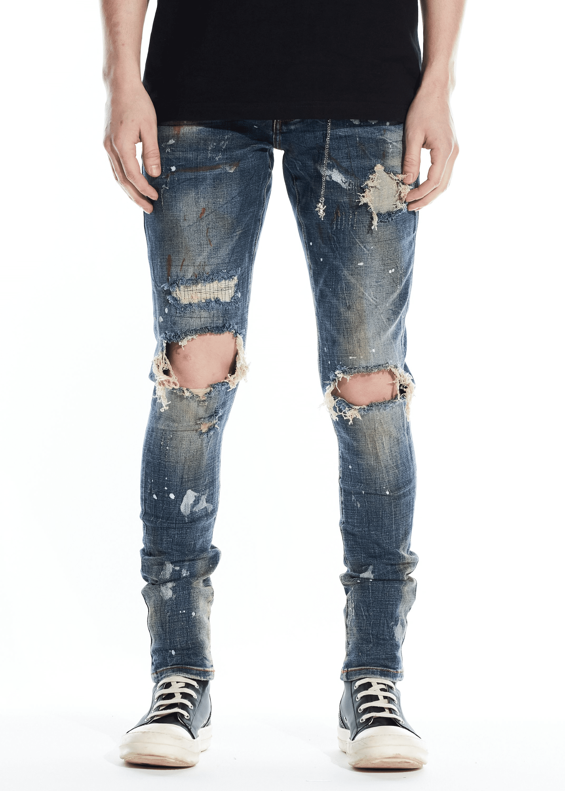 En Noir Men's Paint Splatter Rip & Repair Distressed Skinny Fit Denim ...