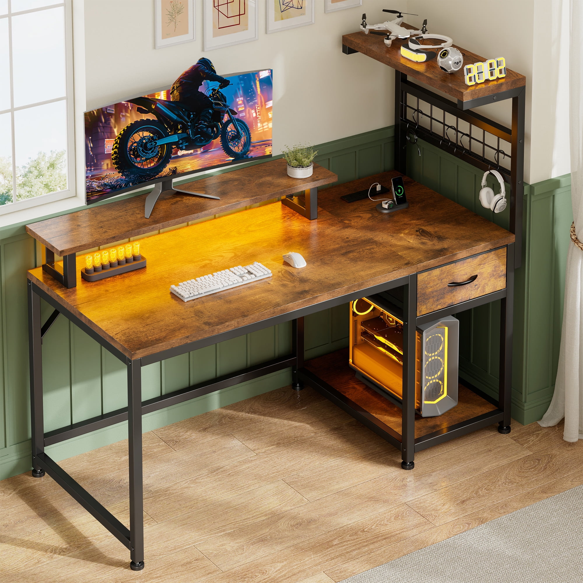 EnHomee 39.4 Inches Computer Desk with Power Outlets and LED Lights ...