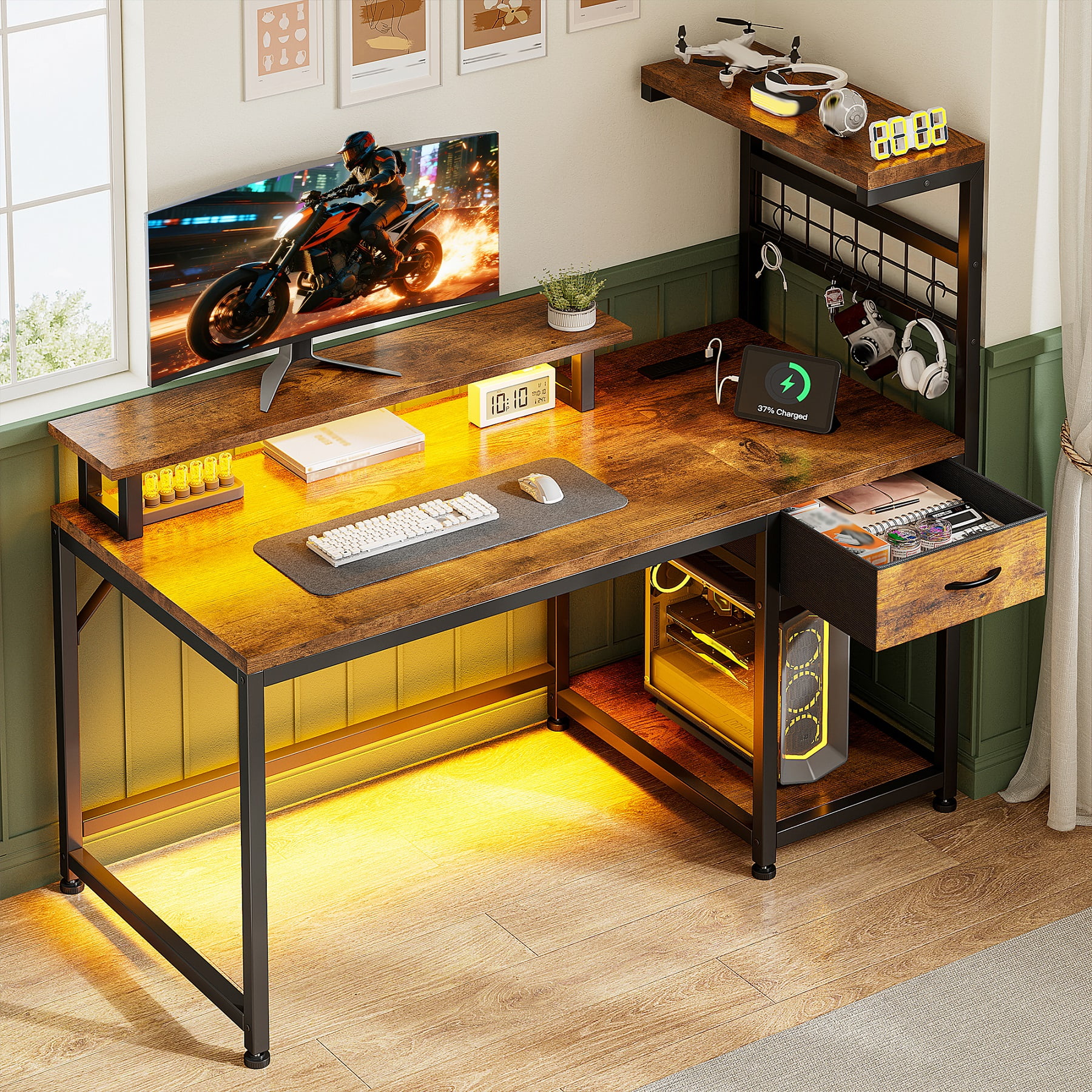 EnHomee 39.4" W Computer Desk with Power Outlets and LED Lights, Rustic ...