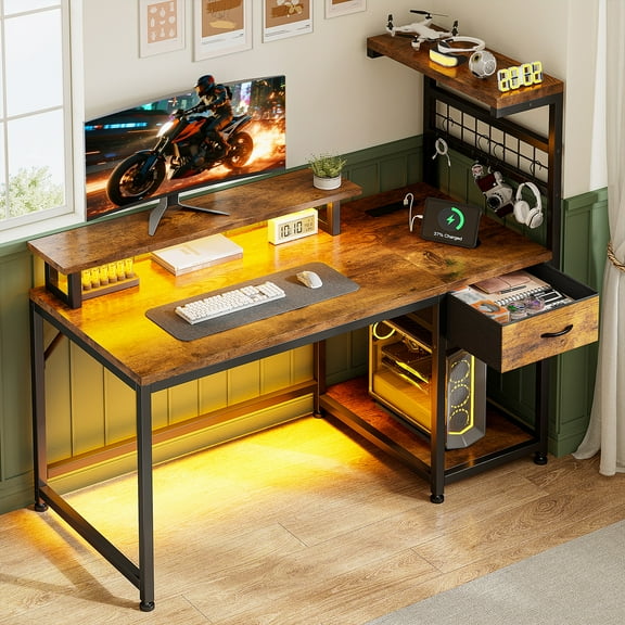 Furologee 55 Inch Computer Desk Gaming with 4 Fabric Drawers with Power ...