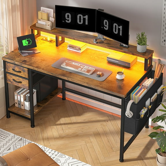 Furologee 55 Inch Computer Desk Gaming with 4 Fabric Drawers with Power ...