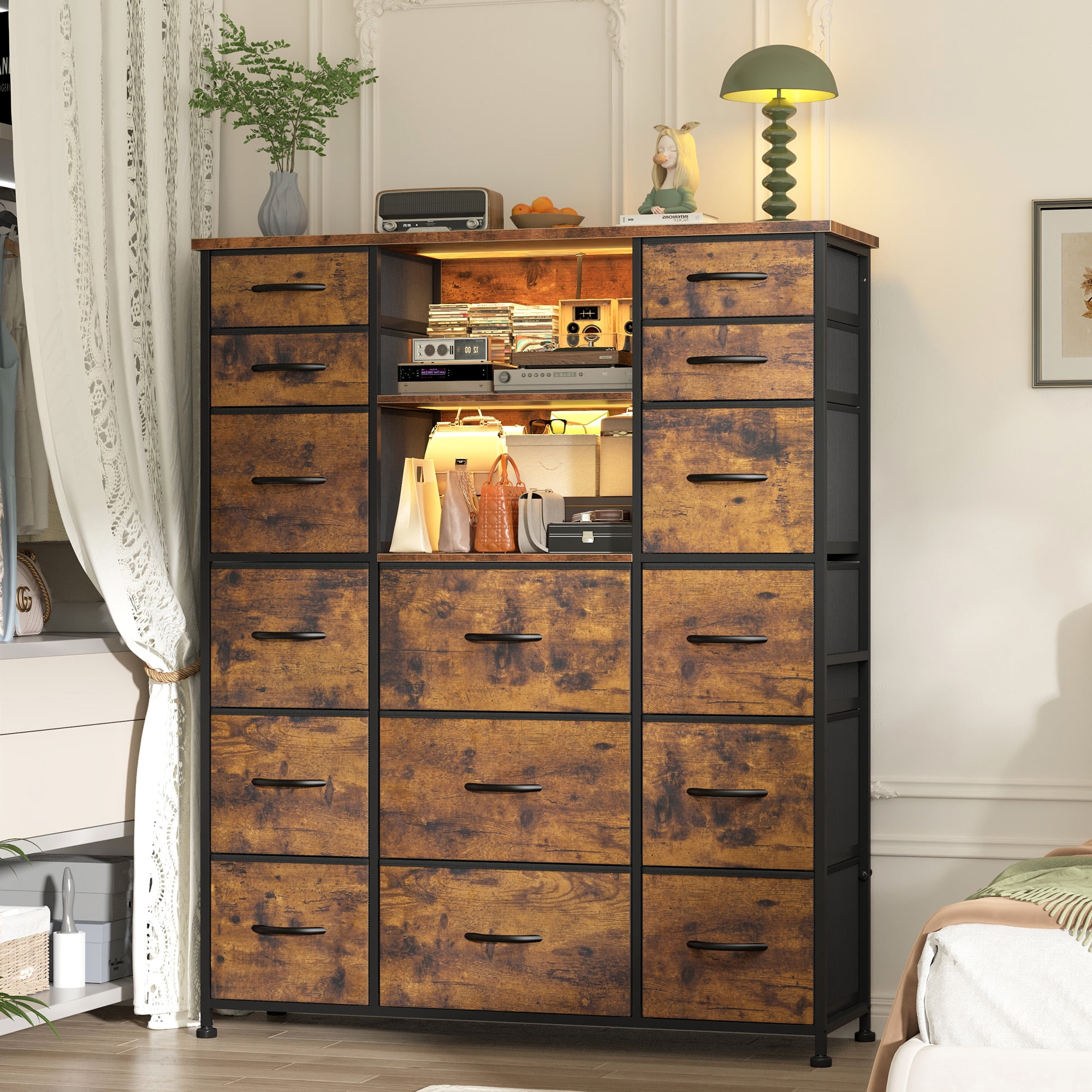 EnHomee 51 H Tall Dressers for Bedroom with 15 Drawers Dresser with LED Lights Fabric Chest of Drawers with Power Outlet Brown Walmart Business Supplies
