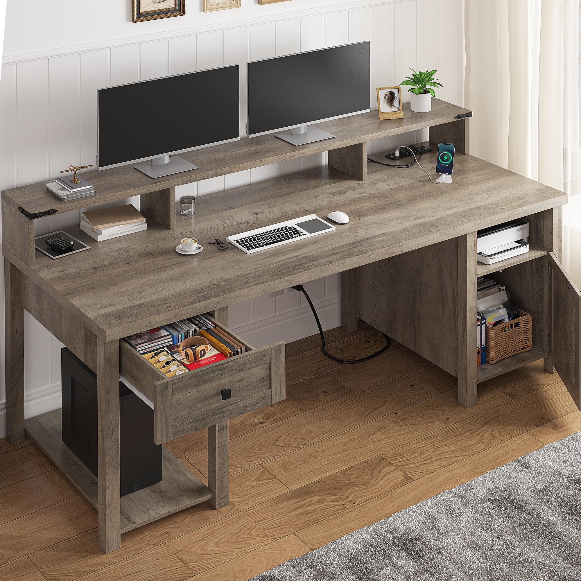 EnHomee 55" Computer Desk with Power Outlets Office & Charging Station ...