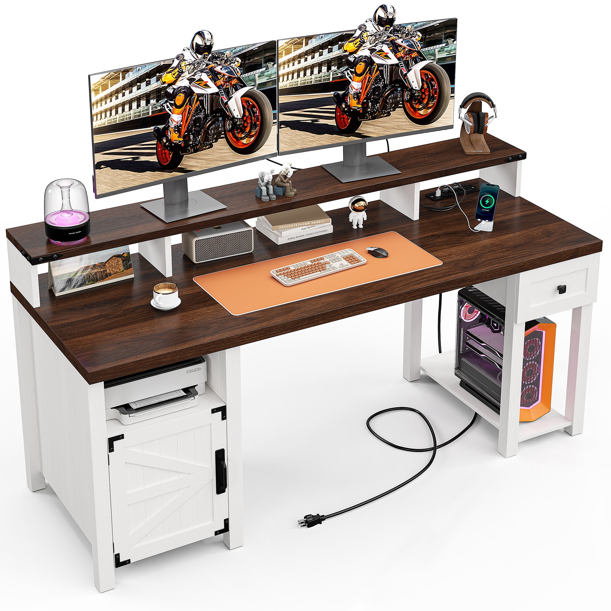 EnHomee 55" Reversible Wood Farmhouse Style Computer Desk with USB Port ...