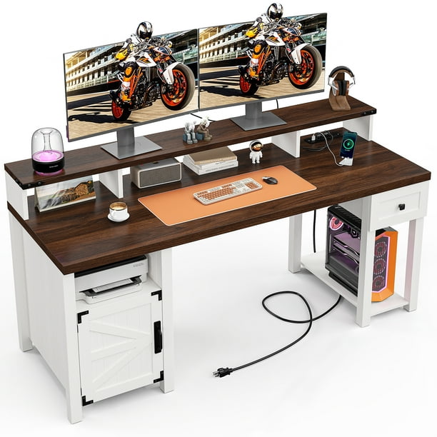 EnHomee 55" Reversible Wood Farmhouse Style Computer Desk with USB Port ...