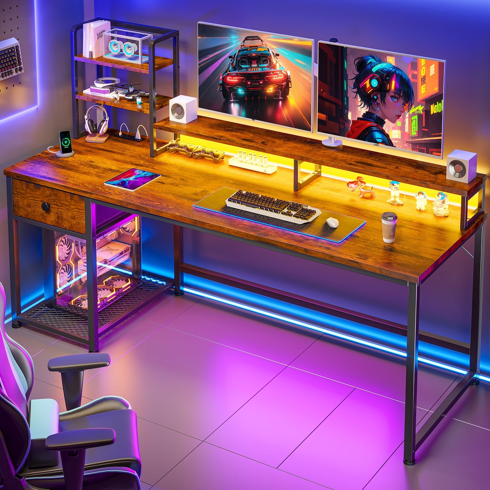 EnHomee 55" Gaming Desk with LED Lights & Power Outlets, Computer Desk ...