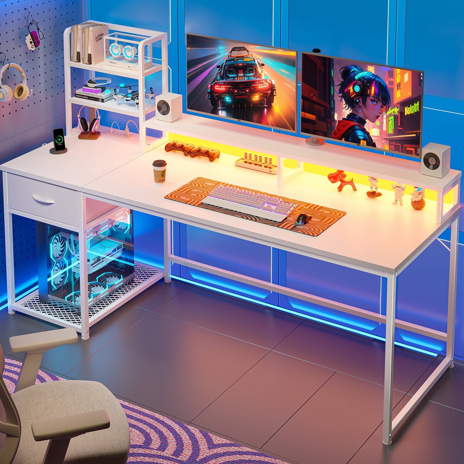 EnHomee 55" Gaming Desk with LED Lights & Power Outlets, Computer Desk ...