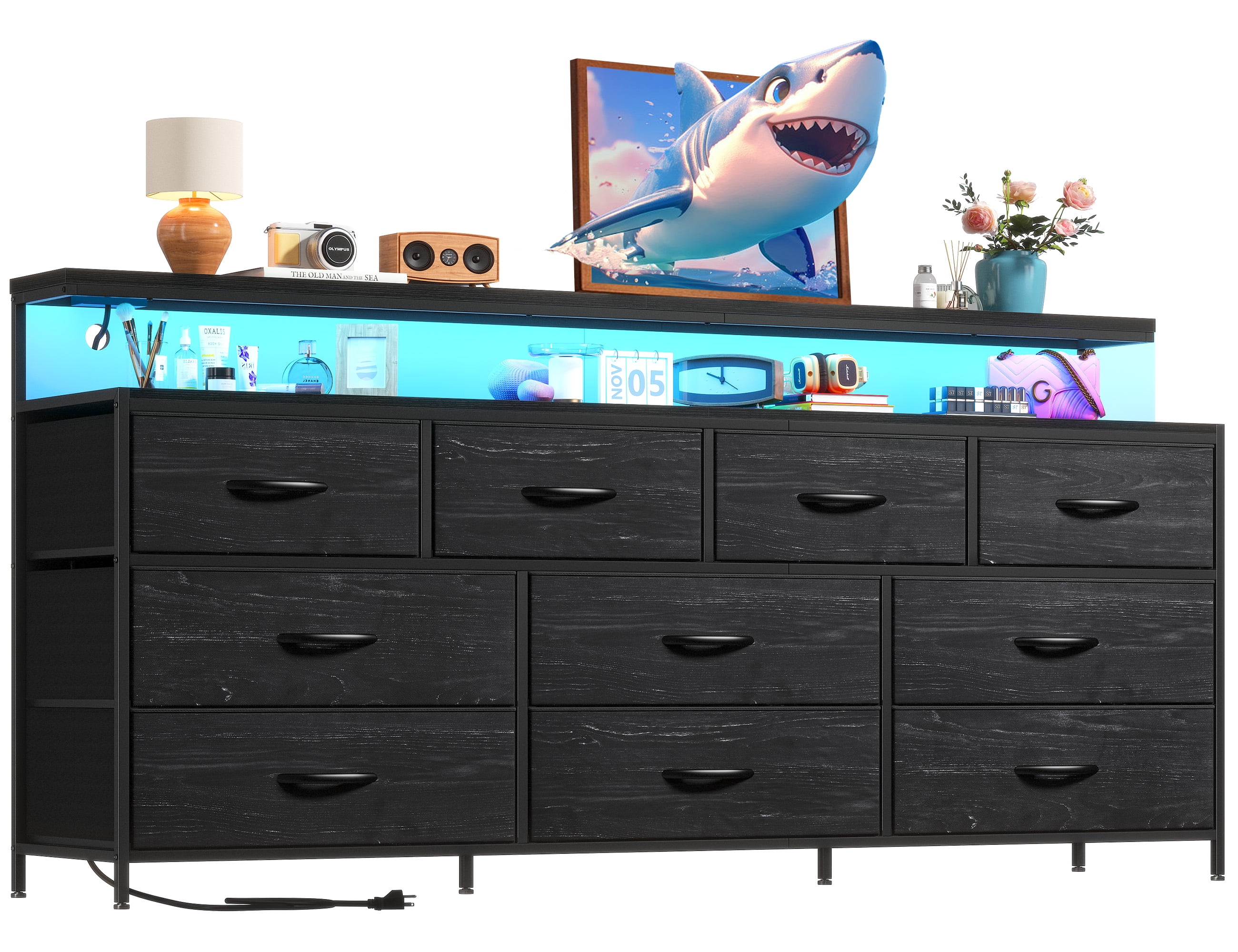 "EnHomee 55"" Wide 10-Drawer Bedroom Dresser with LED Lights, Power ...