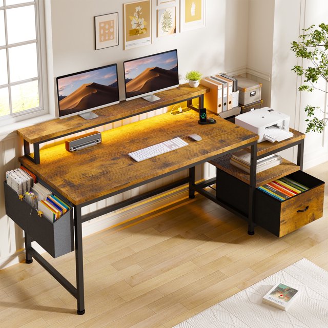 EnHomee 56.5" Computer Desk with Power Outlets, Office Desk with Drawer ...