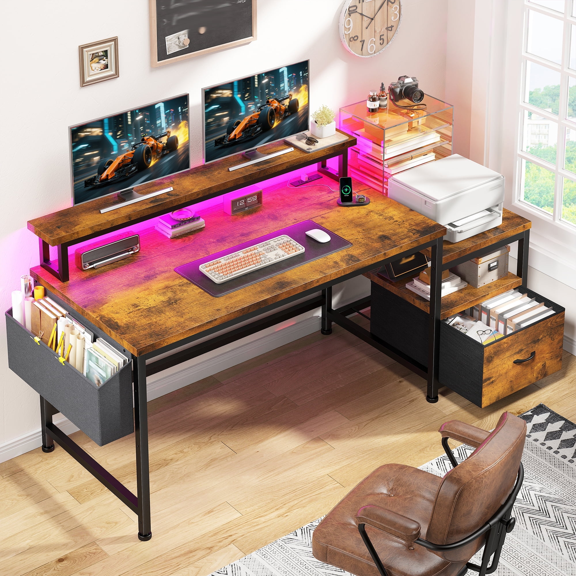 EnHomee 57" Computer Desk with Drawer Office Desk with Power Outlets ...