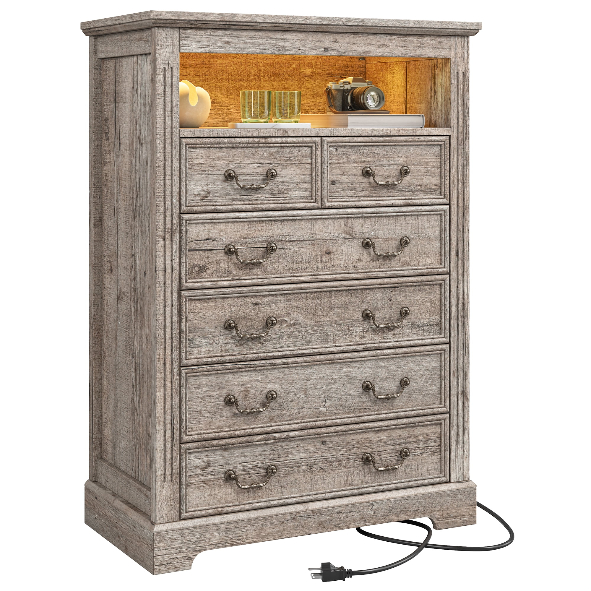 EnHomee 6 Drawer Dresser with LED Lights Chest of Drawers for Bedroom ...