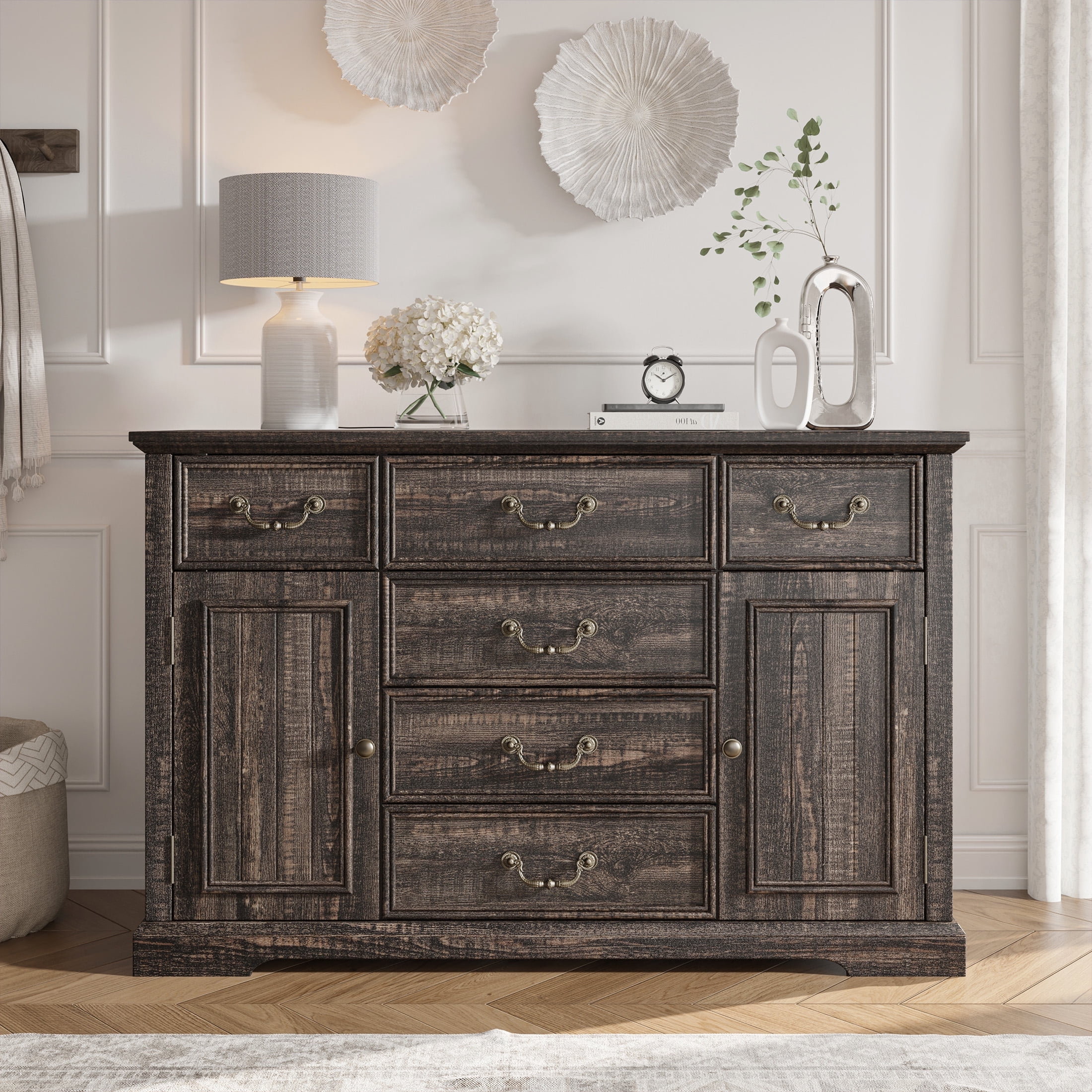 EnHomee 6 Drawers Dresser with Barn Door,Wooden Dresser for Bedroom ...
