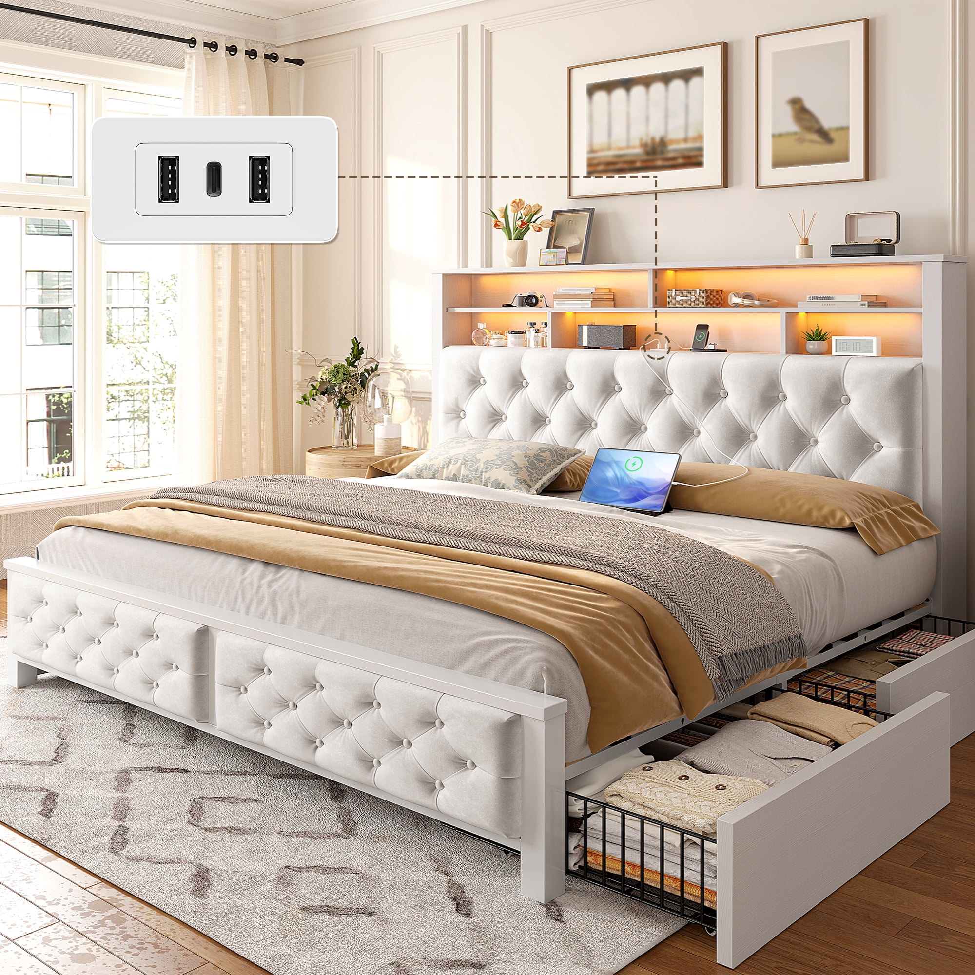 EnHomee Bed Frame Queen Size Bed Frame with Headboard Bed Frame with 4 ...