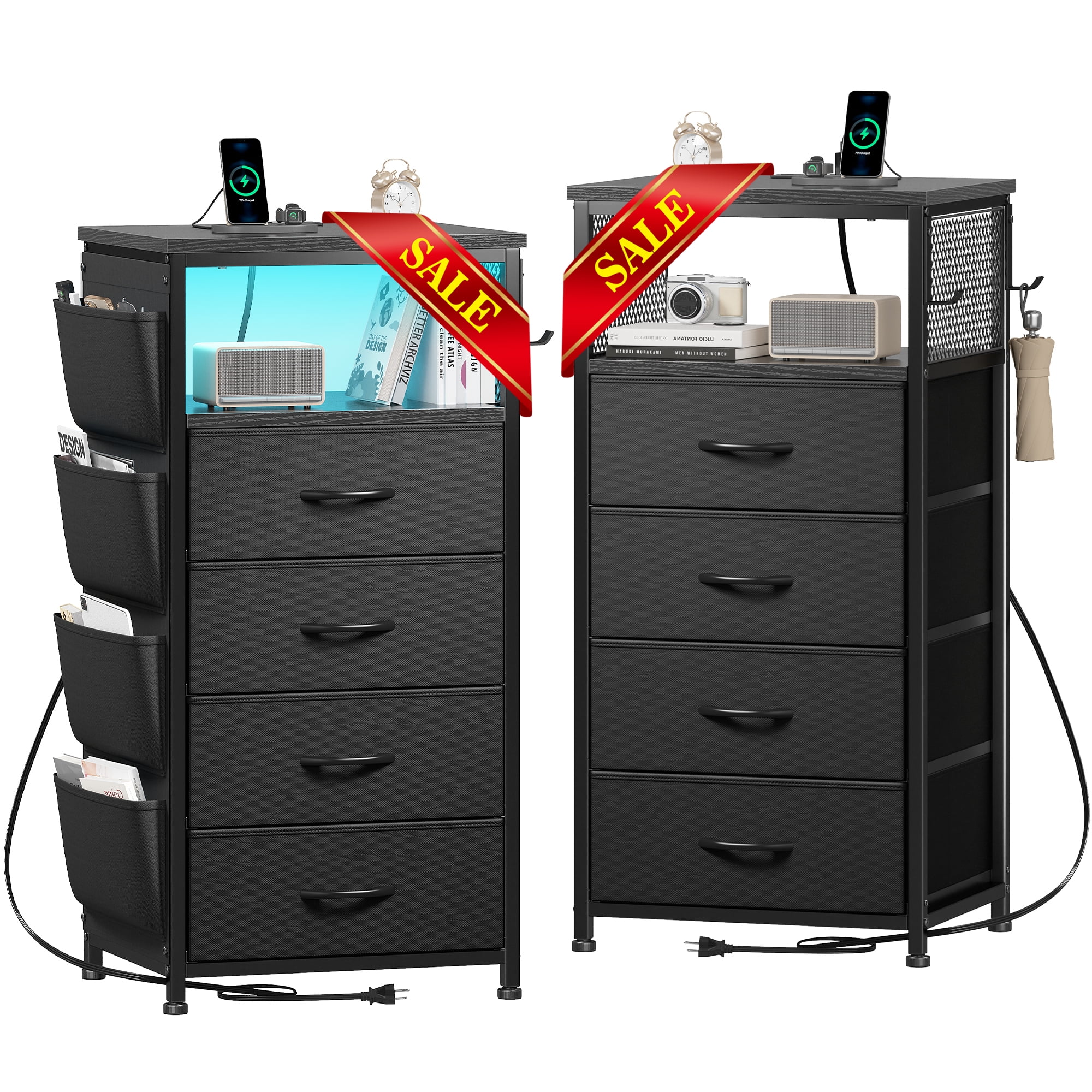 EnHomee Modern Nightstand with 4 Drawers & Charging Station, Set of 2 ...
