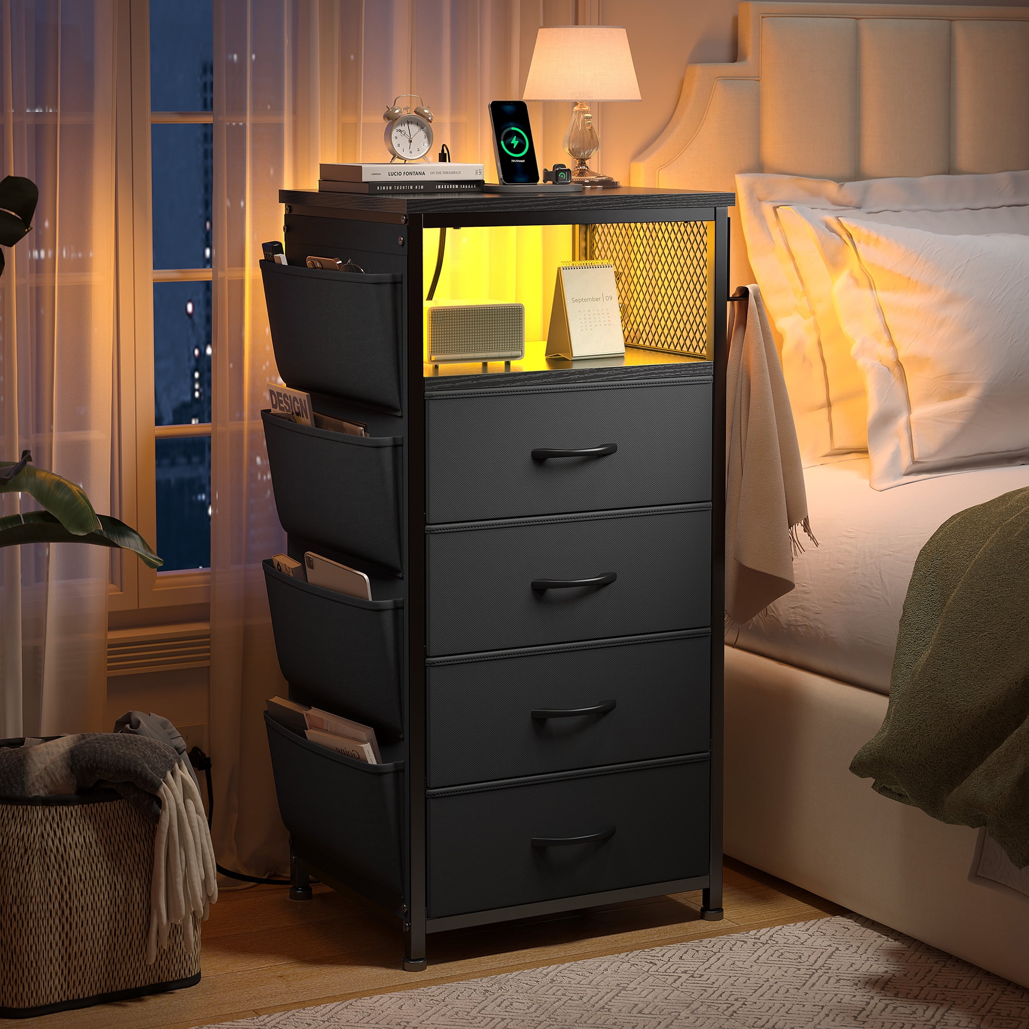 EnHomee Black Nightstand with Dresser LED Nightstand with Charge ...