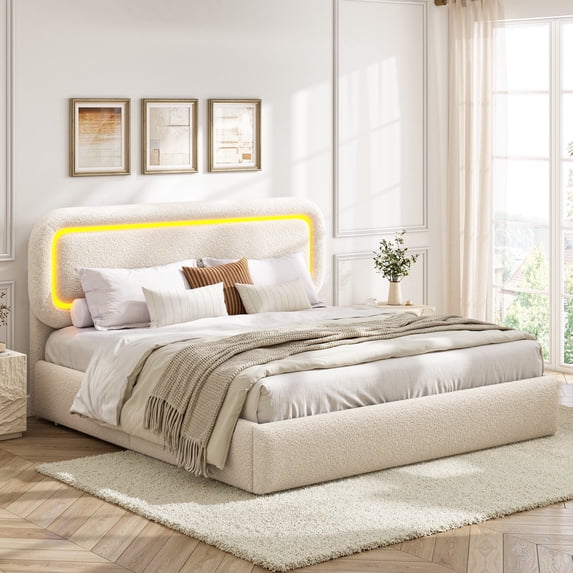 EnHomee Boucle Bed Frame with Rounded Corner Cloud Bed Frame with ...