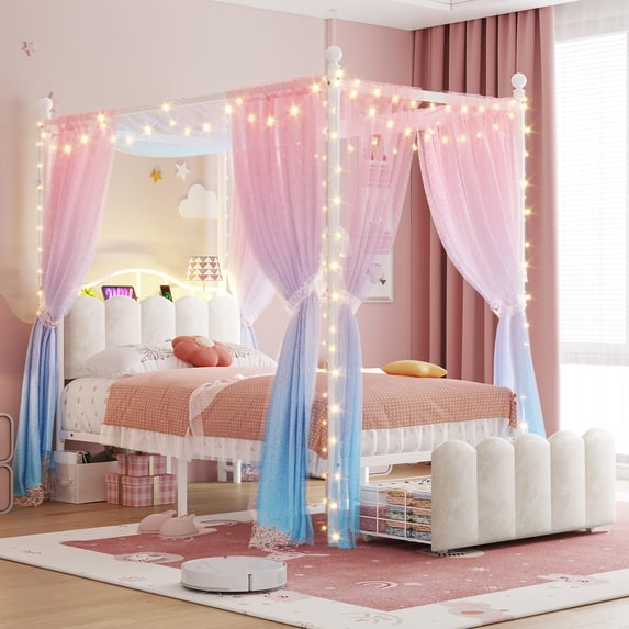EnHomee Canopy Bed Frame with Storage Headboard Upholstered Canopy Bed ...