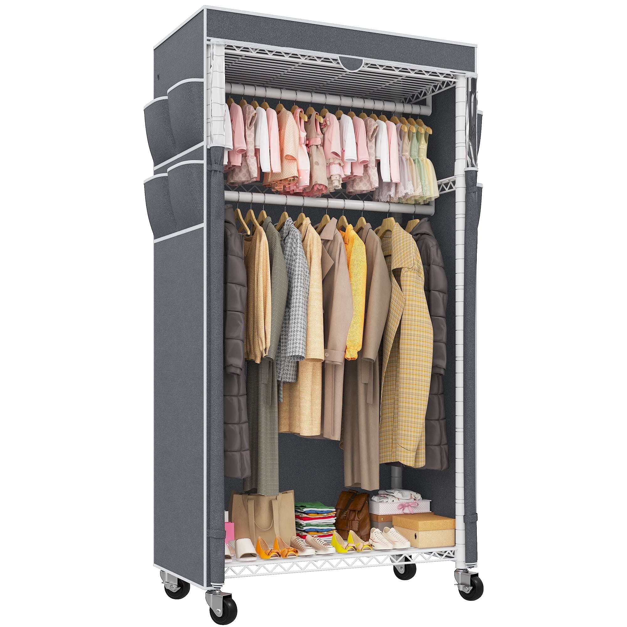 EnHomee Clothes Rack with Dust Cover，Adjustable Shelves & Rods,79"H ...