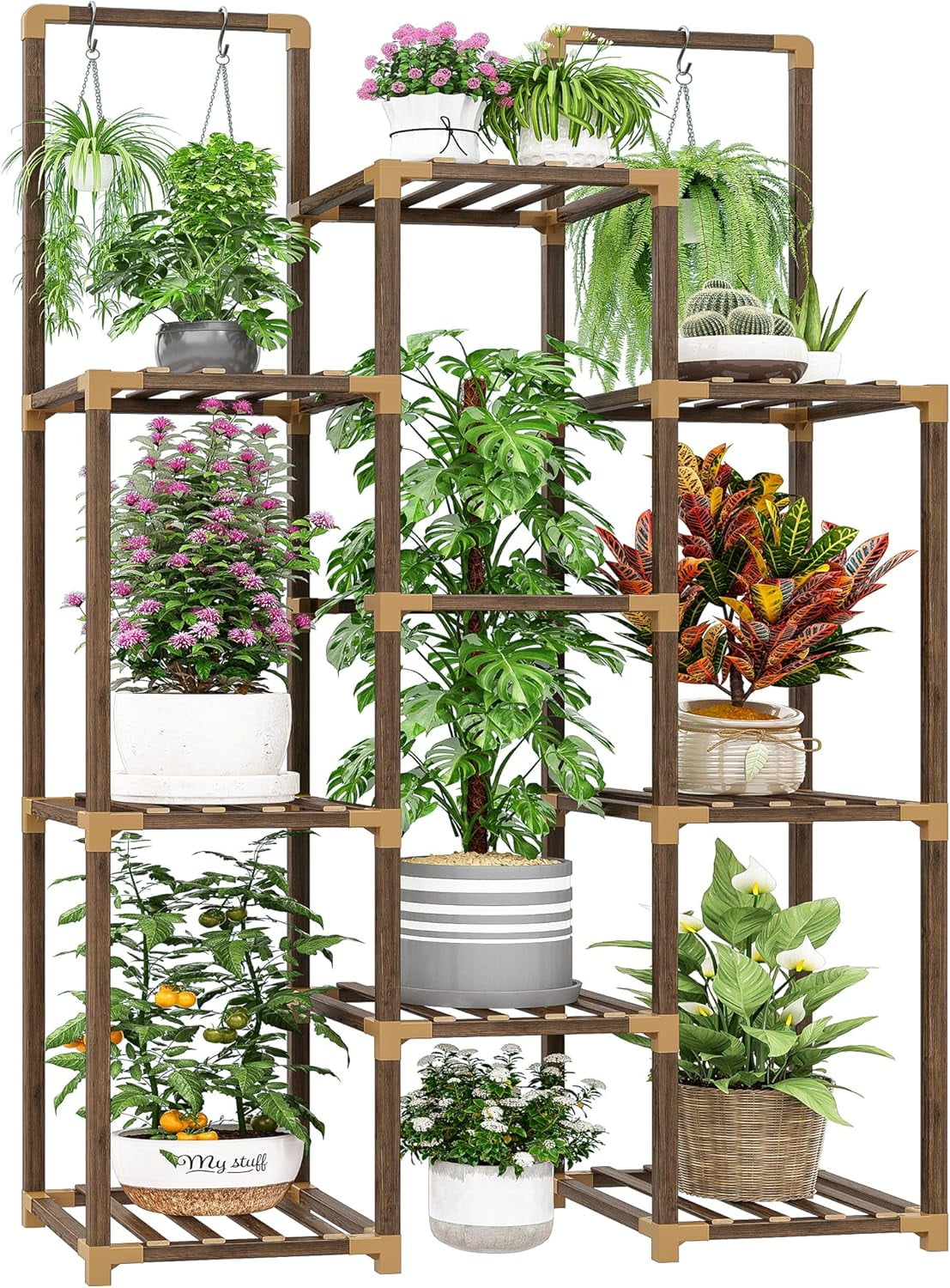 EnHomee Double Rod Tiered Plant Stand Indoor Wood Plant Shelves for ...