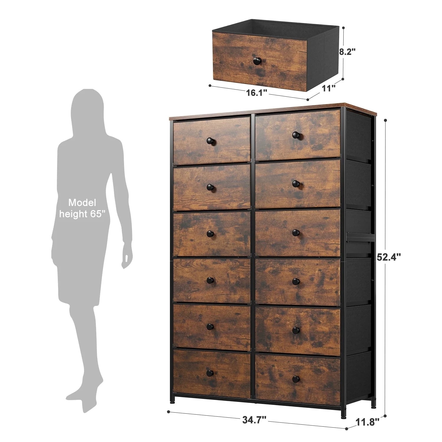 EnHomee Long Wood Vertical Deep Dresser for Bedroom, 12 Drawers, Rustic ...