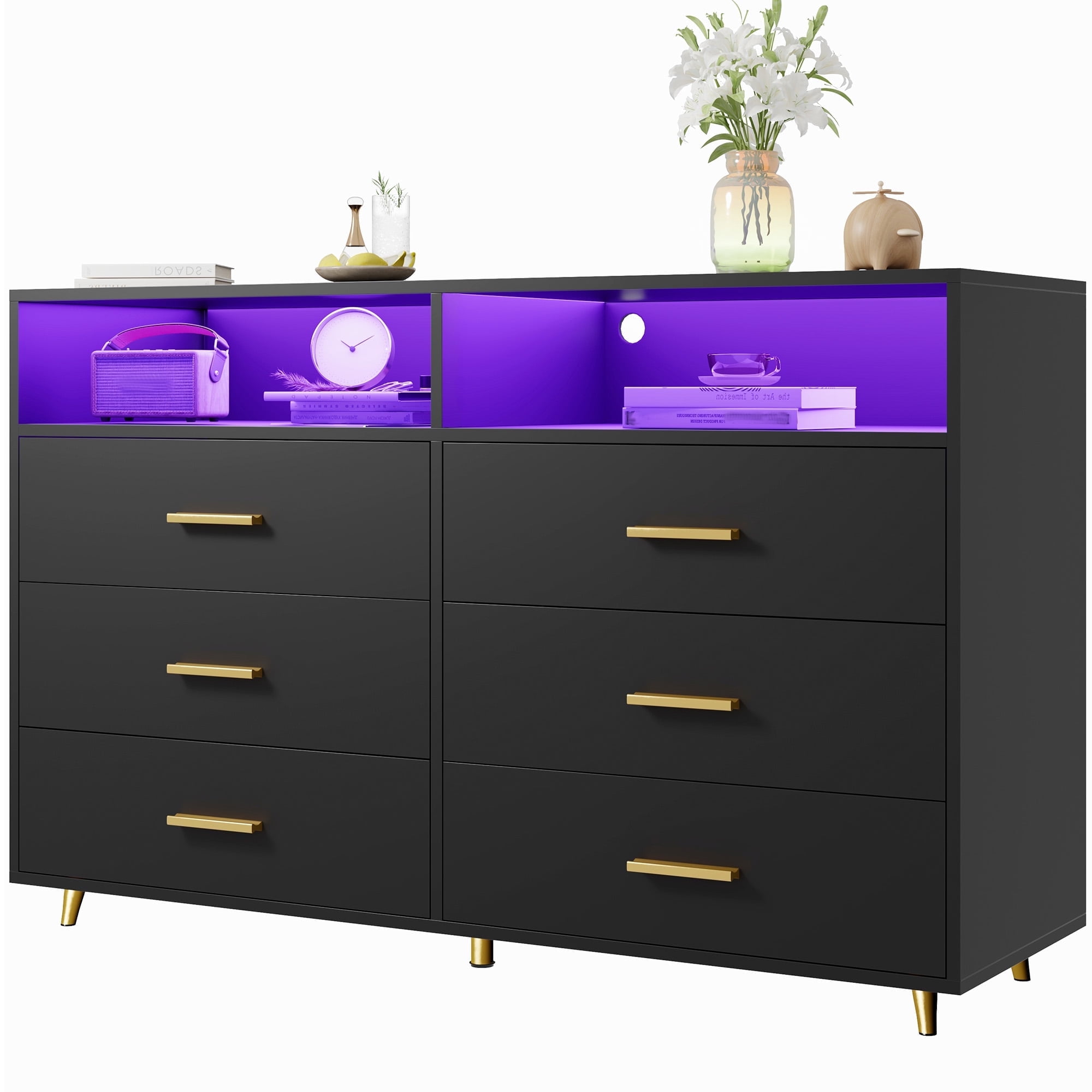 EnHomee Black Bedroom Dresser with LED Lights, 6 Deep Drawers, TV Stand ...