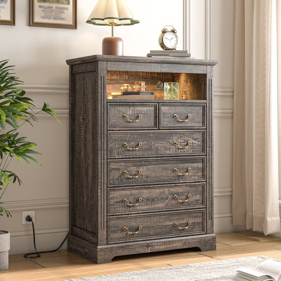EnHomee Dresser for Bedroom Wooden Dresser with LED Lights & Charge ...