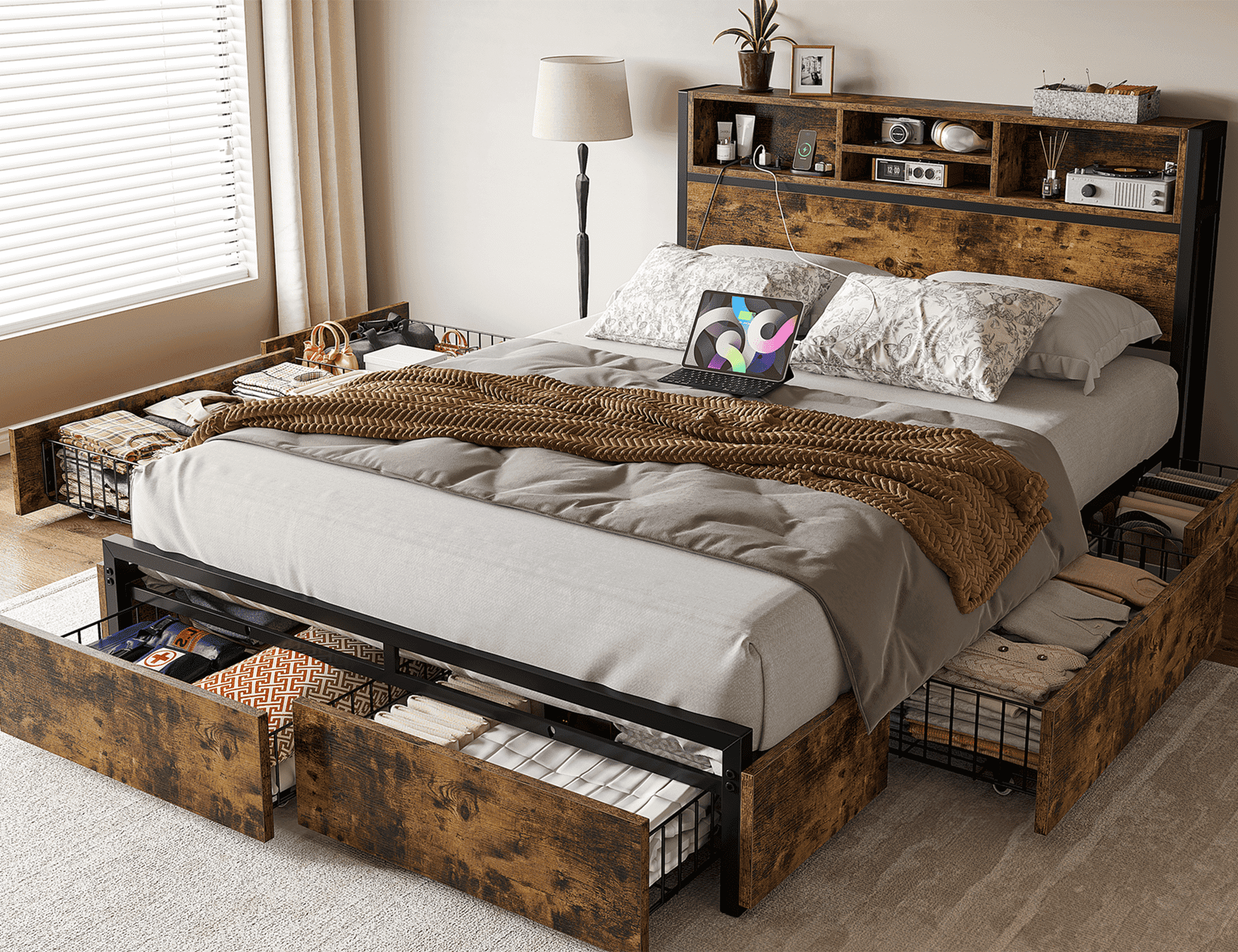 EnHomee Full Bed Frame With Headboard Metal Bed Frame Full with 6 ...