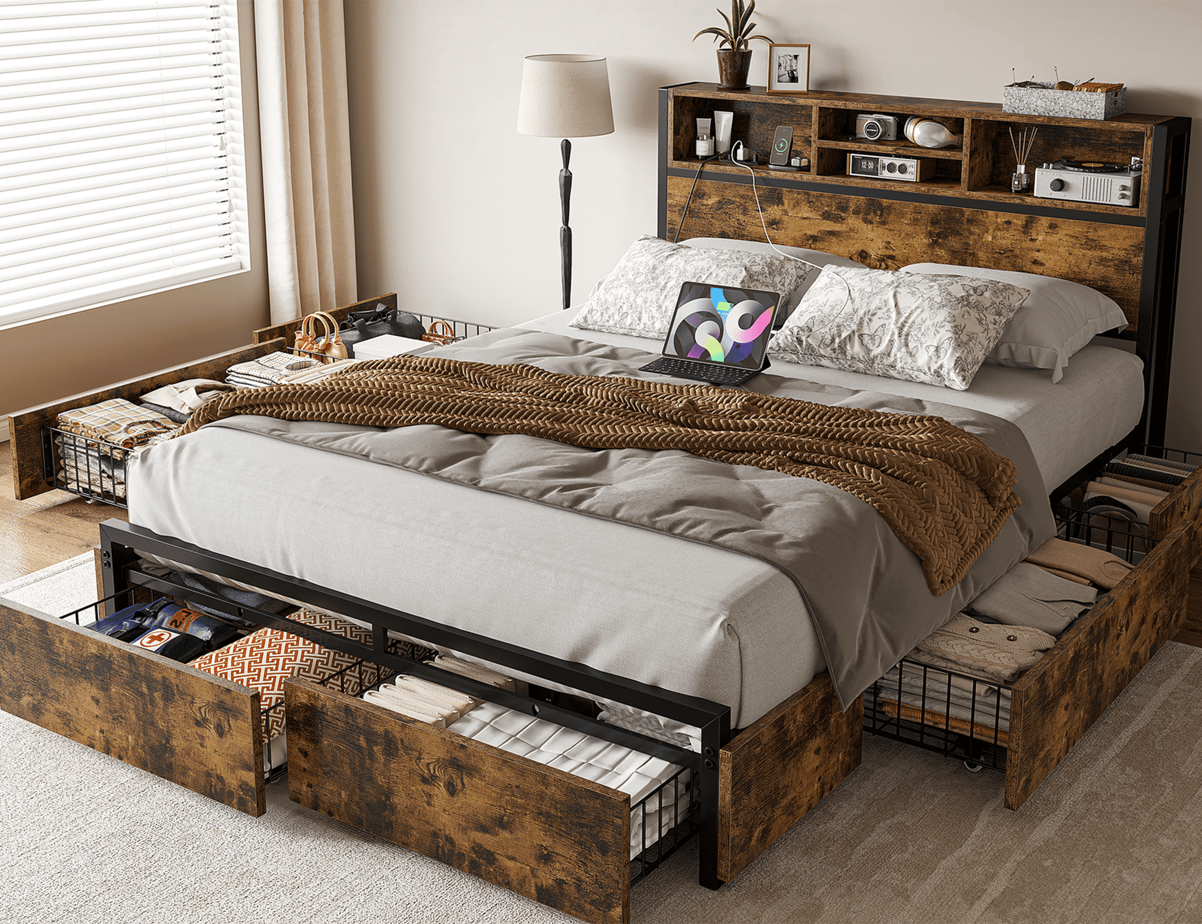 EnHomee Full Bed Frame With Headboard Metal Bed Frame Full with 6 ...