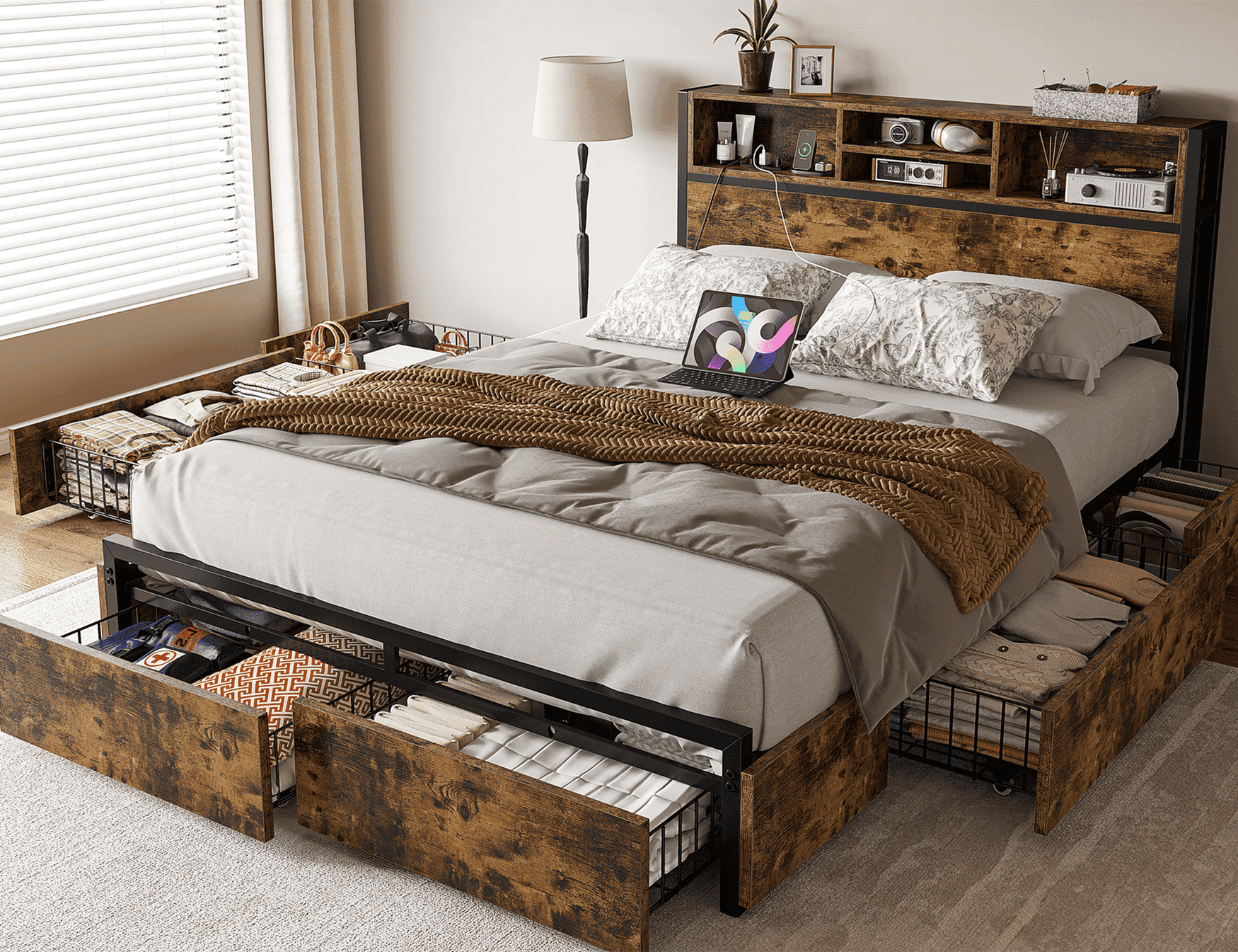 EnHomee Full Size Bed Frame, Metal Frame with Headboard, 6 Drawers ...