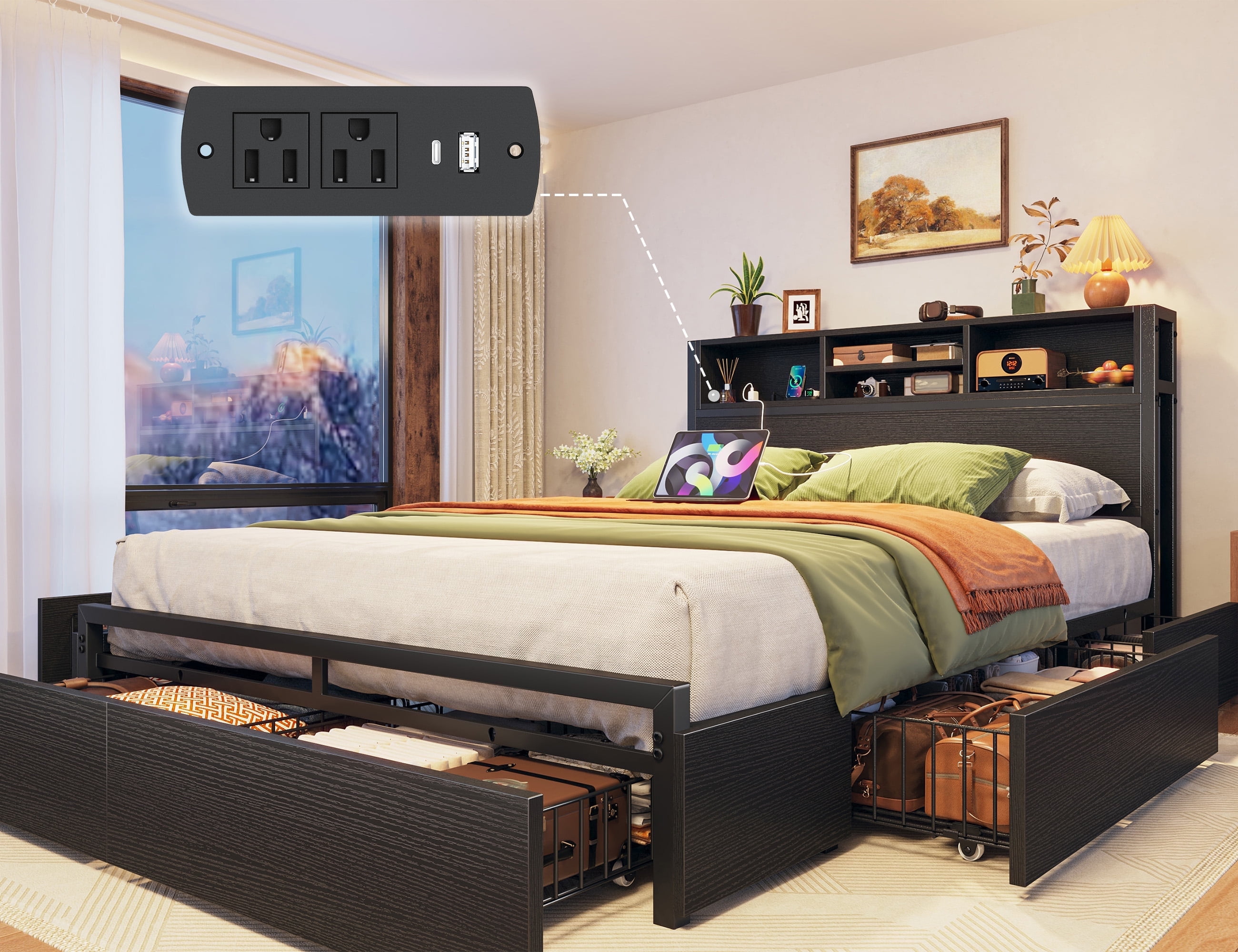 EnHomee Full Metal Platform Bed Frame with 6 Storage Drawers & Storage ...