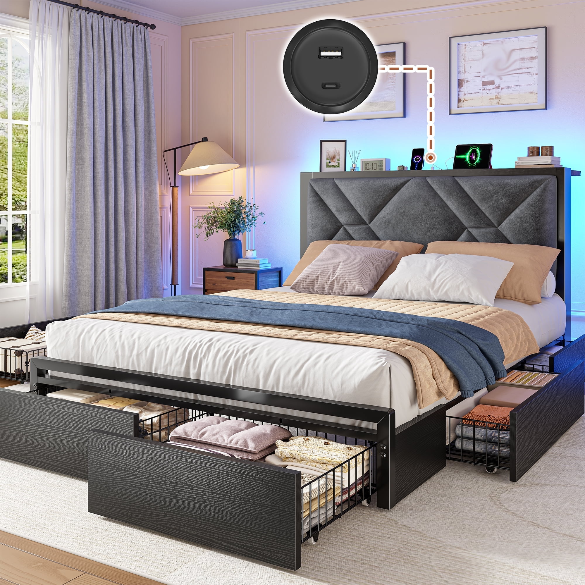 EnHomee Full Size Bed Frame with 6 Drawers Full Bed Frame with Storage ...