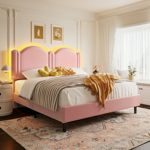 EnHomee Full Size Bed Frame with Adjustable Headboard, Upholstered Pink ...