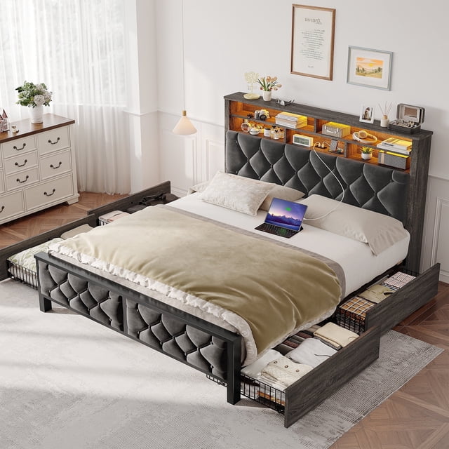 EnHomee Full Size Bed Frame with Headboard and Storage Drawers Bed ...