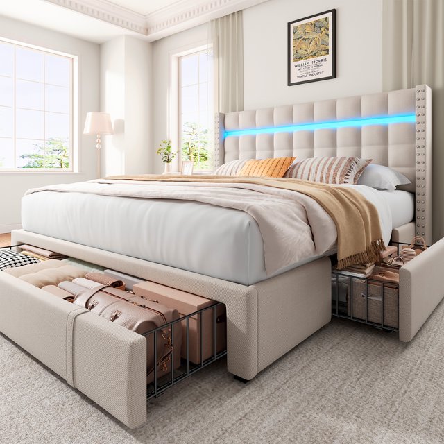 EnHomee Full Size Bed Frame with 3 Storage Drawers Modern Metal Bed ...