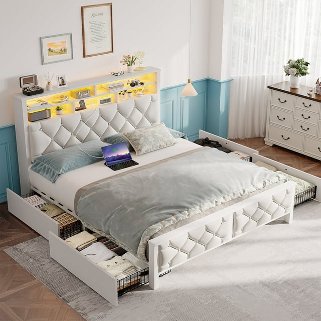 EnHomee Full Size Bed Frame with 4 Storage Drawers Upholstered Platform ...