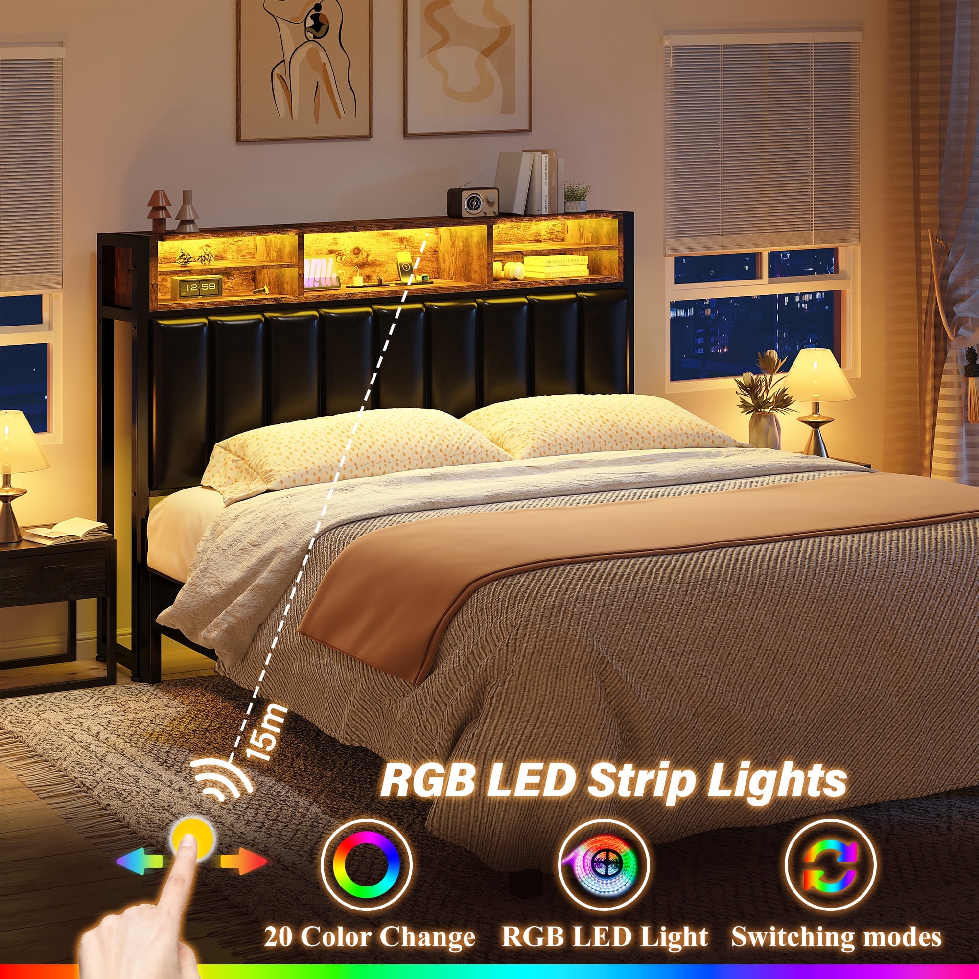 EnHomee Full Size Headboard Upholstered with Charging Station & LED ...