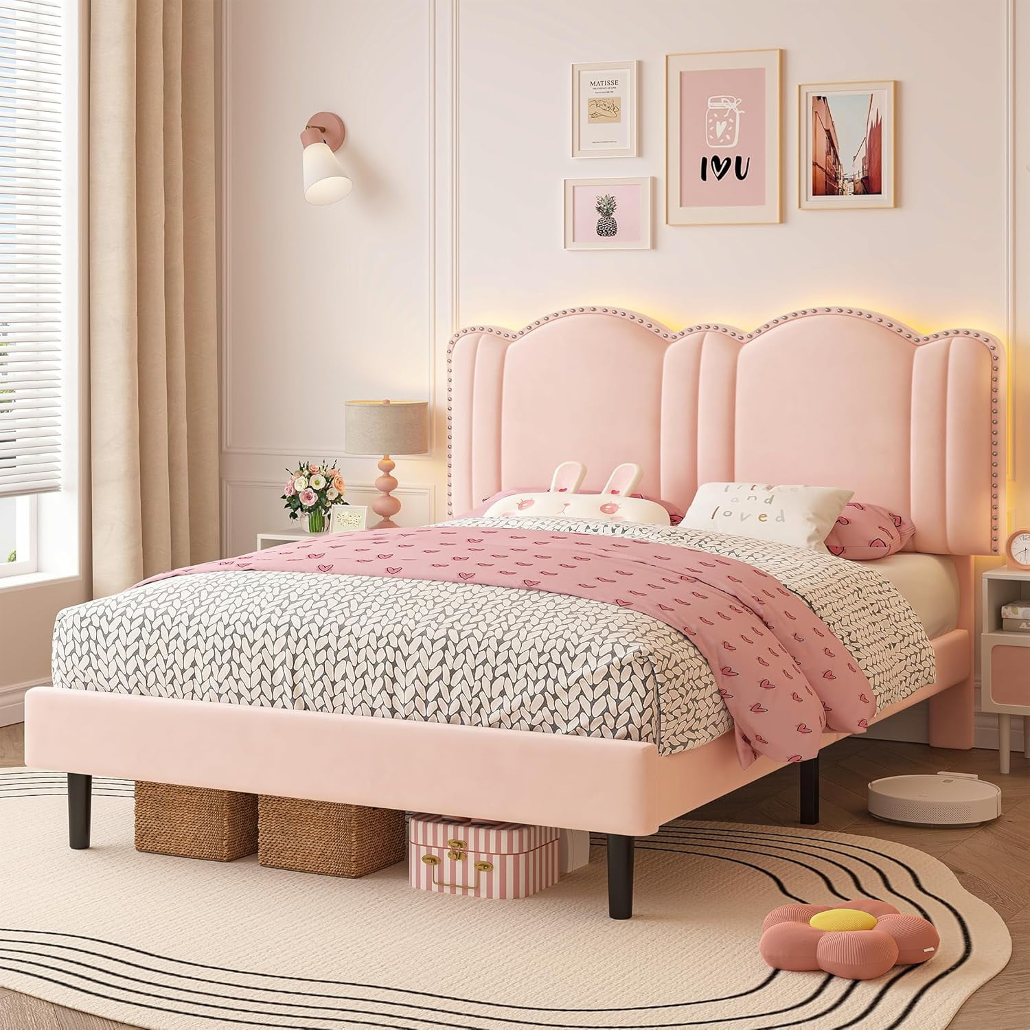 EnHomee Full Smart LED Bed Frame,Upholstered Bed Frame Full Size with ...