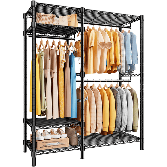 3-Tier Rolling Metal Garment Rack with Adjustable Shelves & Dual ...