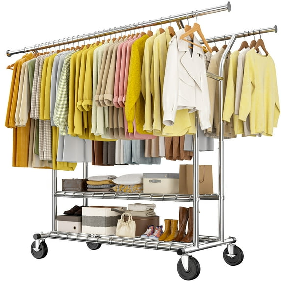 EnHomee Heavy Duty Clothes Rack Double Rod Adjustable Rolling Garment ...