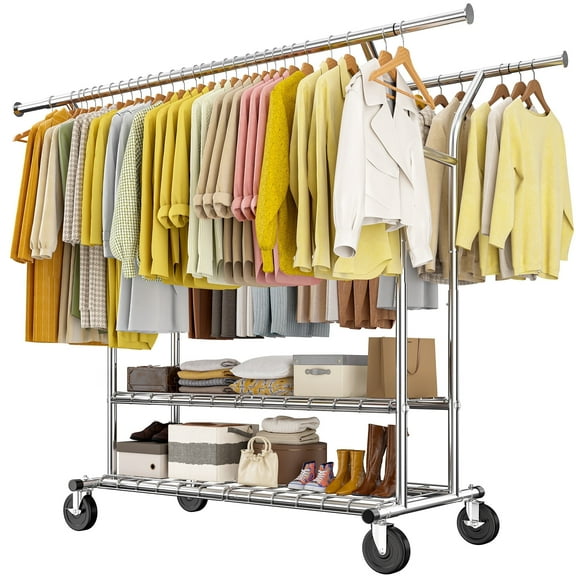 Clothes Rack 60in 2-Tier Wall Mounted Garment Rack with Real Wood Shelf ...